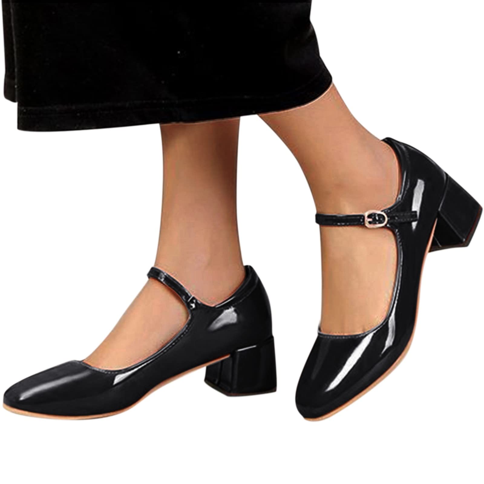 FASDNENDYS Spring Women's Leather Mouth Heel Thick Shoes Shallow High Medium Retro Heel Literary Casual Heel Women's Medium Heel Black