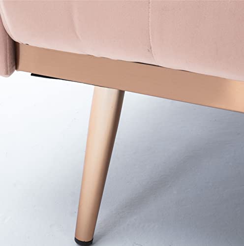 HBHM Velvet Accent Sofa, Loveseat Mid Century Modern Velvet Fabric Couch, Convertible Futon Sofa Bed, Recliner Couch Accent Sofa Loveseat Sofa with Gold Metal Feet,Pink