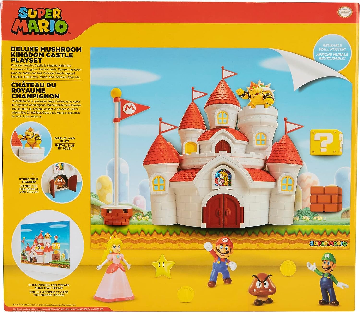 Super Mario Nintendo Deluxe Mushroom Kingdom Castle, Wall Display & Playset with (5) 2.5" Articulated Action Figures (Exclusive Bowser Figure, Princess Peach, Mario, Luigi & Goomba)
