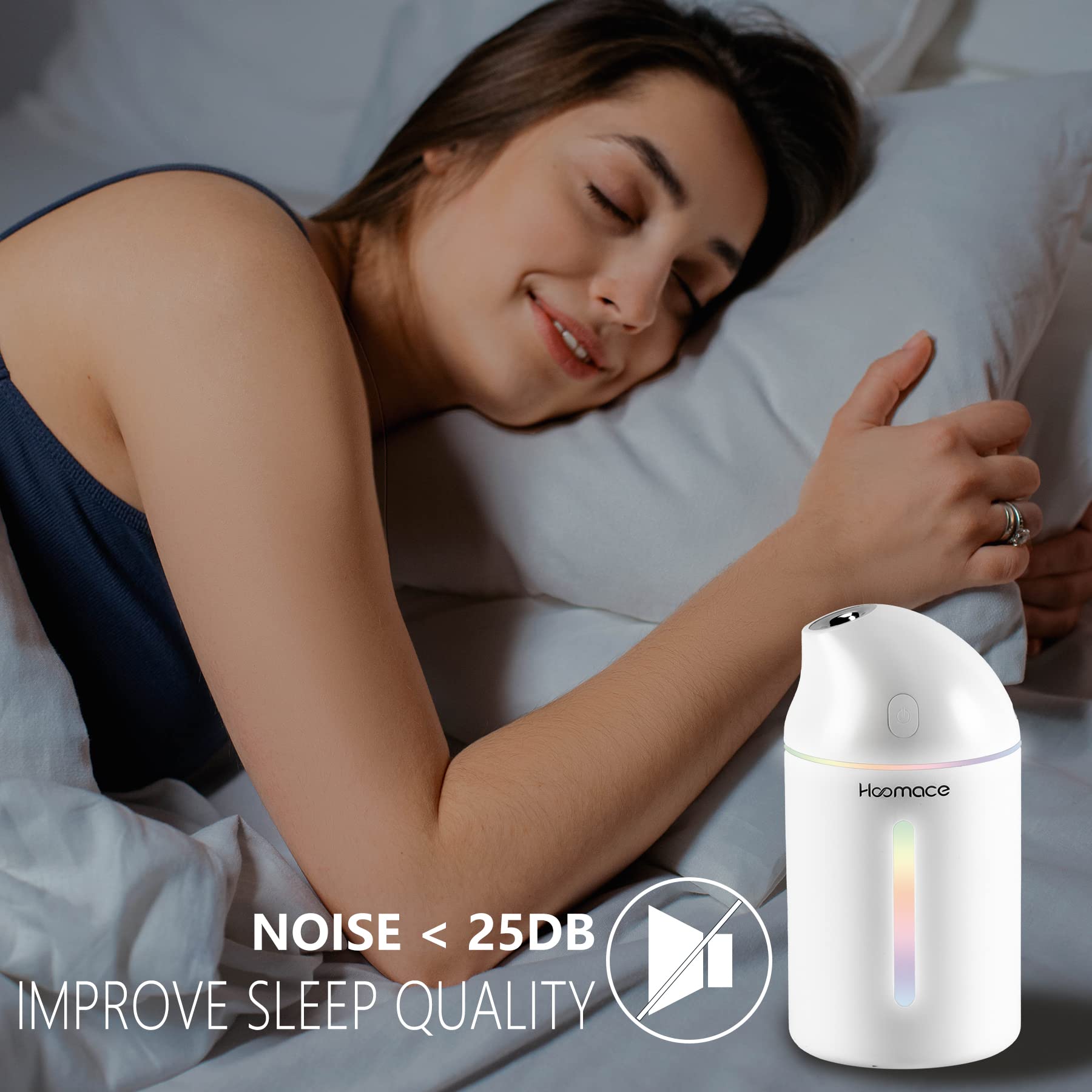 Travel Humidifiers for Hotel, 250ml Mini Humidifier for Plants, USB Personal Small Desktop Humidifier for Baby Bedroom Home Office Car with 7 Colors LED Light, 2 Mist Modes, Super Quiet, White