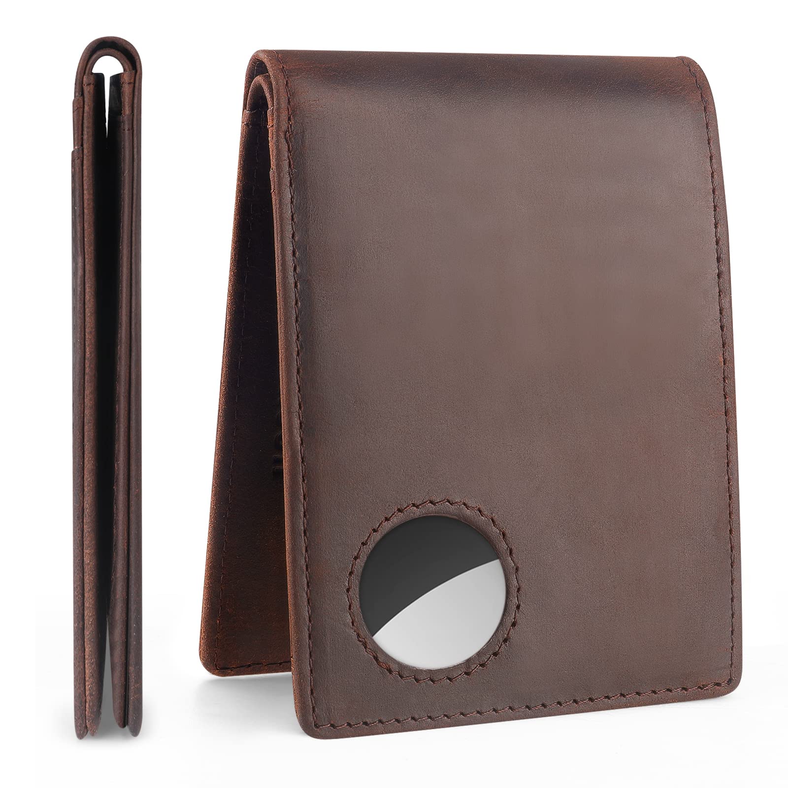 Dallson Mens Wallet for Airtag, Bifold Genuine Leather Wallet with Air Tag Holder, 2 ID Window, 10 Card Slot, RFID Blocking, Smart Wallet Compatible with Apple AirTag (Black)