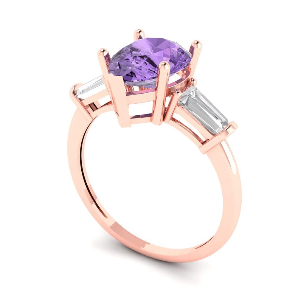 Clara Pucci 2.5 ct Pear Baguette cut 3 stone Solitaire Natural Amethyst Designer Anniversary Bridal Engagement Ring 14k Rose Gold