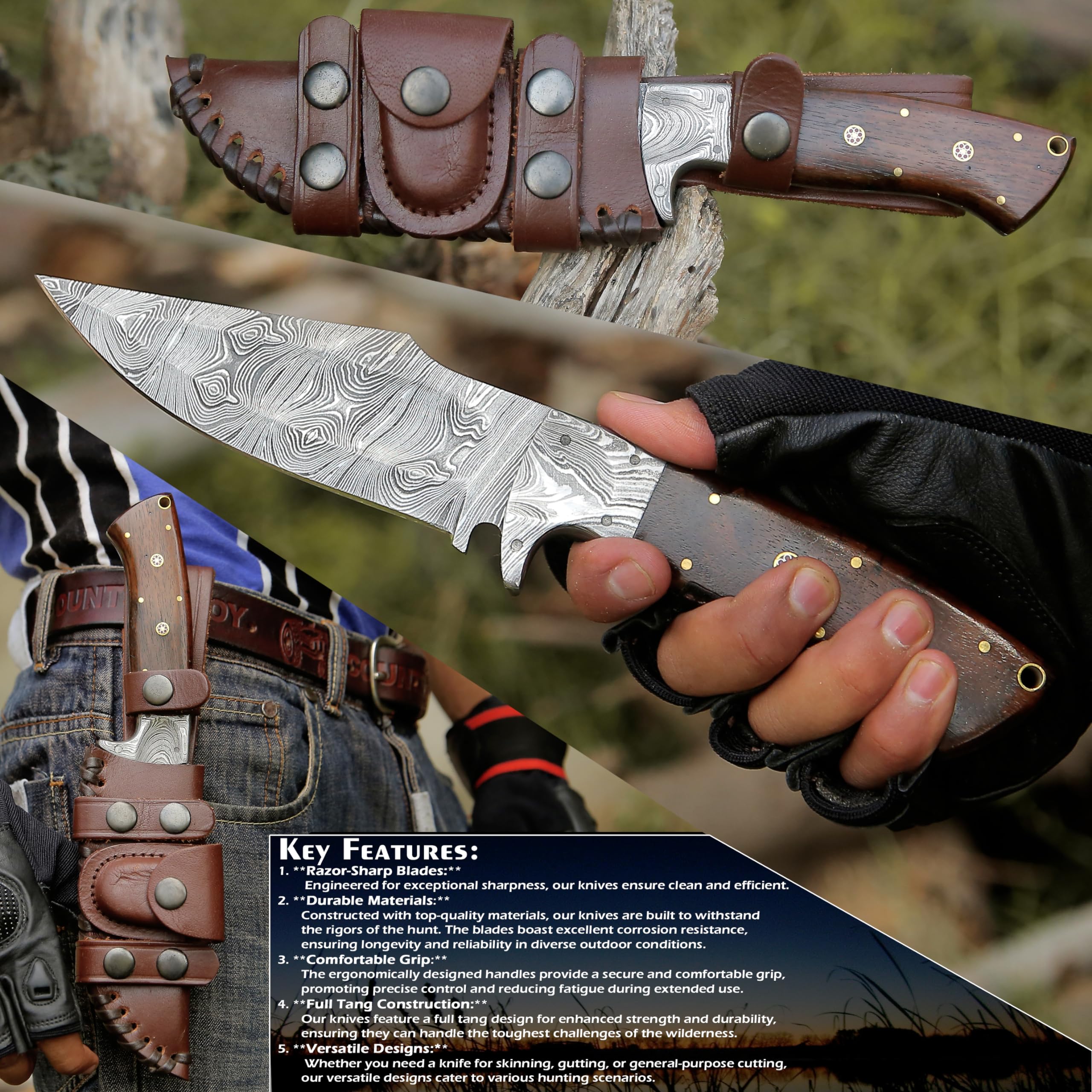 Damascus Steel Hunting Knife Fixed blade knife Damascus Bolster Walnut Wood Handle Mosaic Pin, Bush craft, Outdoor Camping, with Cowhide Leather Sheath β BW-4144