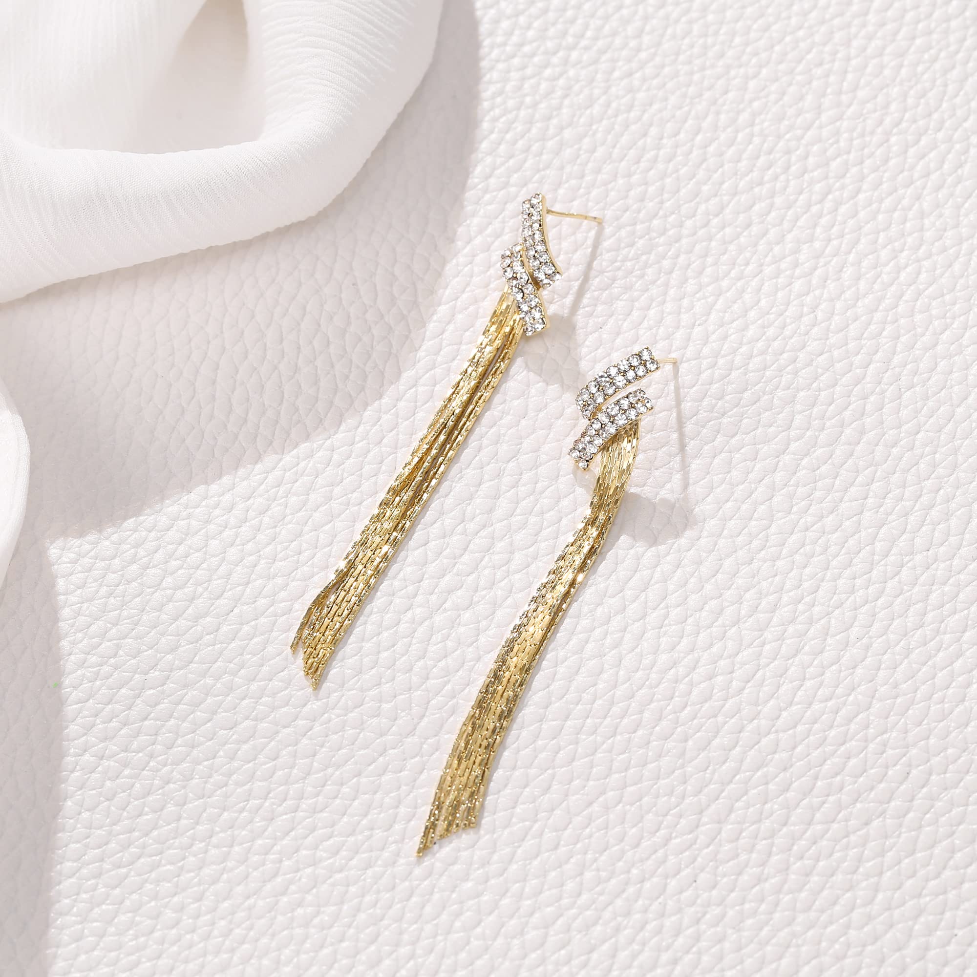 EleQueen 3 Chain Long Tassel Earrings, Gold Plated Cubic Zirconia Dangle Earrings for Women Wedding Party Prom
