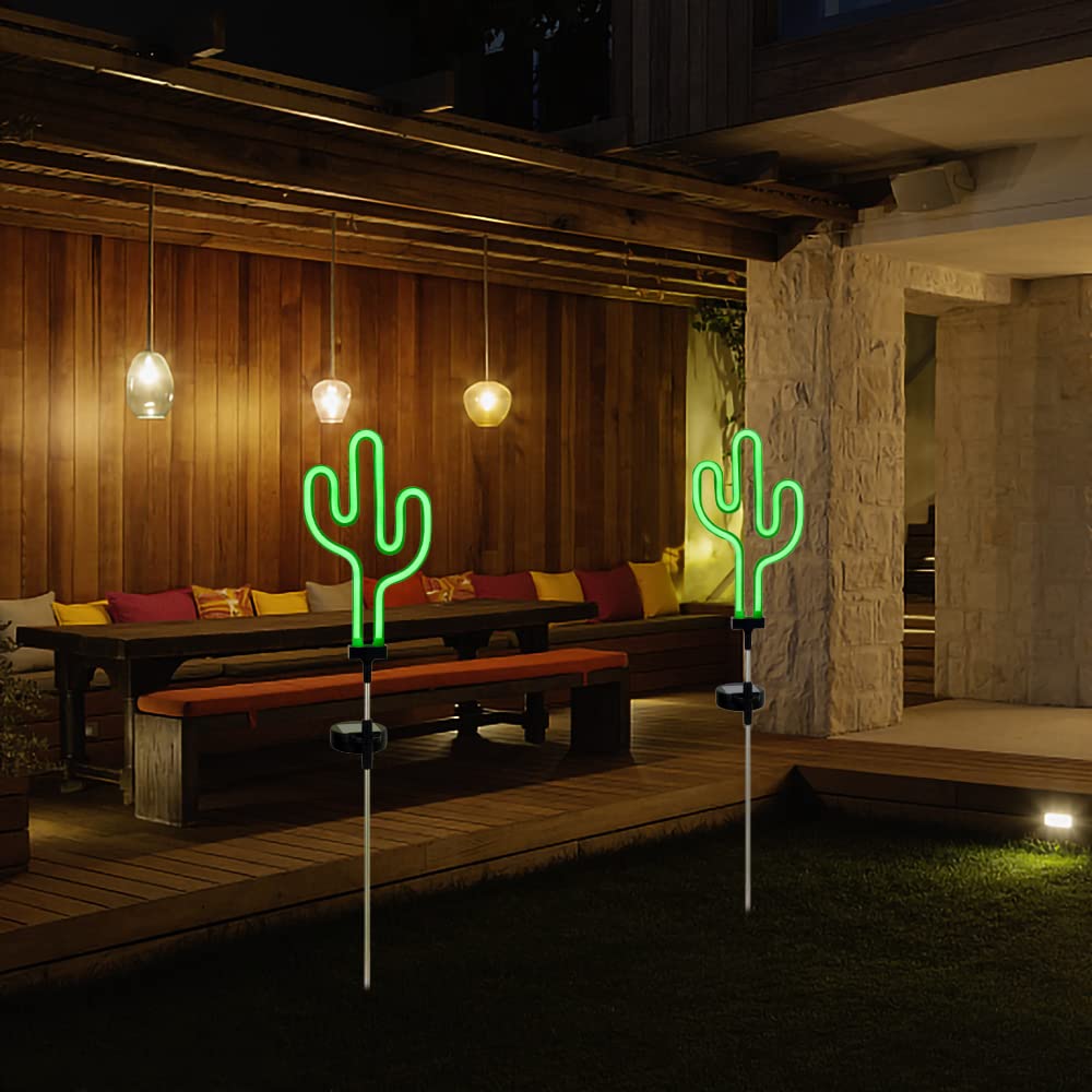 SVEIKS Solar Cactus Garden Stake Lights, Green Cacti Lighting Solar Pathway Lights Outdoor Waterproof LED Neon Strip for Courtyard Patio Lawn Flowerbed Landscape, 30" Tall (2 Pack)