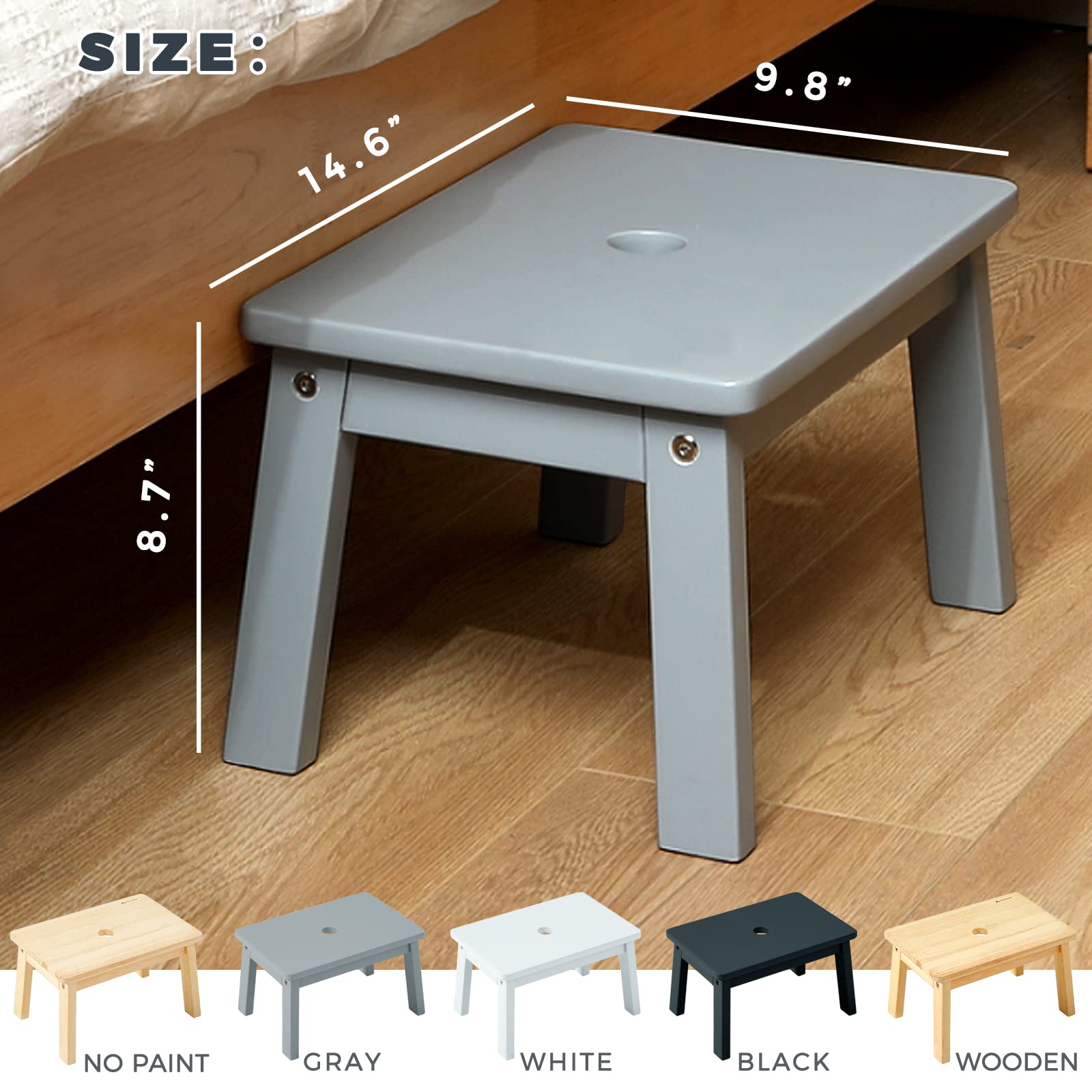 HOUCHICS Wooden Step Stool for Kids,Solid Birch for Kitchen Bedroom Living Room Bathroom Toilet Nursery Toddlers Potty Training Stool with Non-Slip Pads and 220lb Load Capacity (Gray
