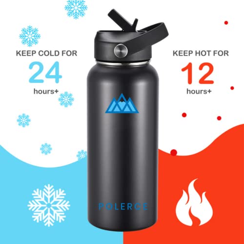 Vacuum Insulated Bottle with 3 Lids - Flex Straw Lid, Flex Lid, and Coffee Flip Lid - Stainless Steel Double Wall Thermally Insulated Flask - 5 Sizes - 5 Colors - by Polerce (32 Oz, White)