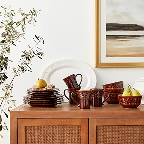 Elama Round Decorated Stoneware Scallop Embossed Dinnerware Dish Set, 16 Piece, Salia