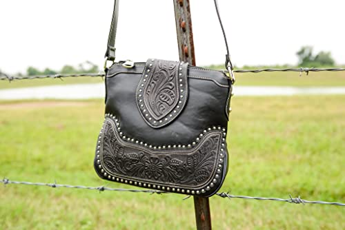 Concealed Carry Tooled Leather Crossbody Purse - Coffee
