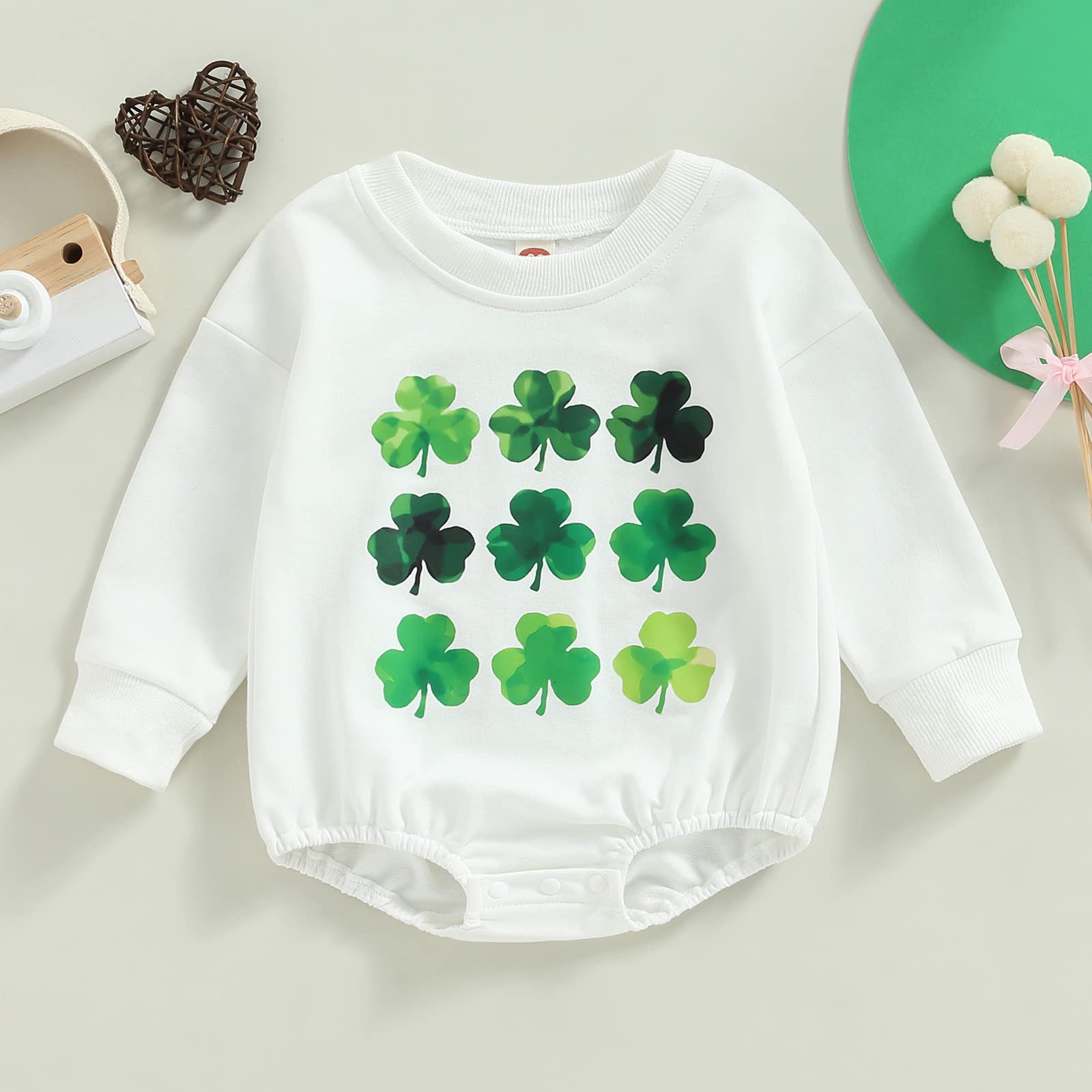 FunurHoome Newborn Baby Girl Boy Clothes St Patrick's Day Sweatshirt Romper Crewneck Shamrock Clover Print Bodysuit (White, 6-12 Months)
