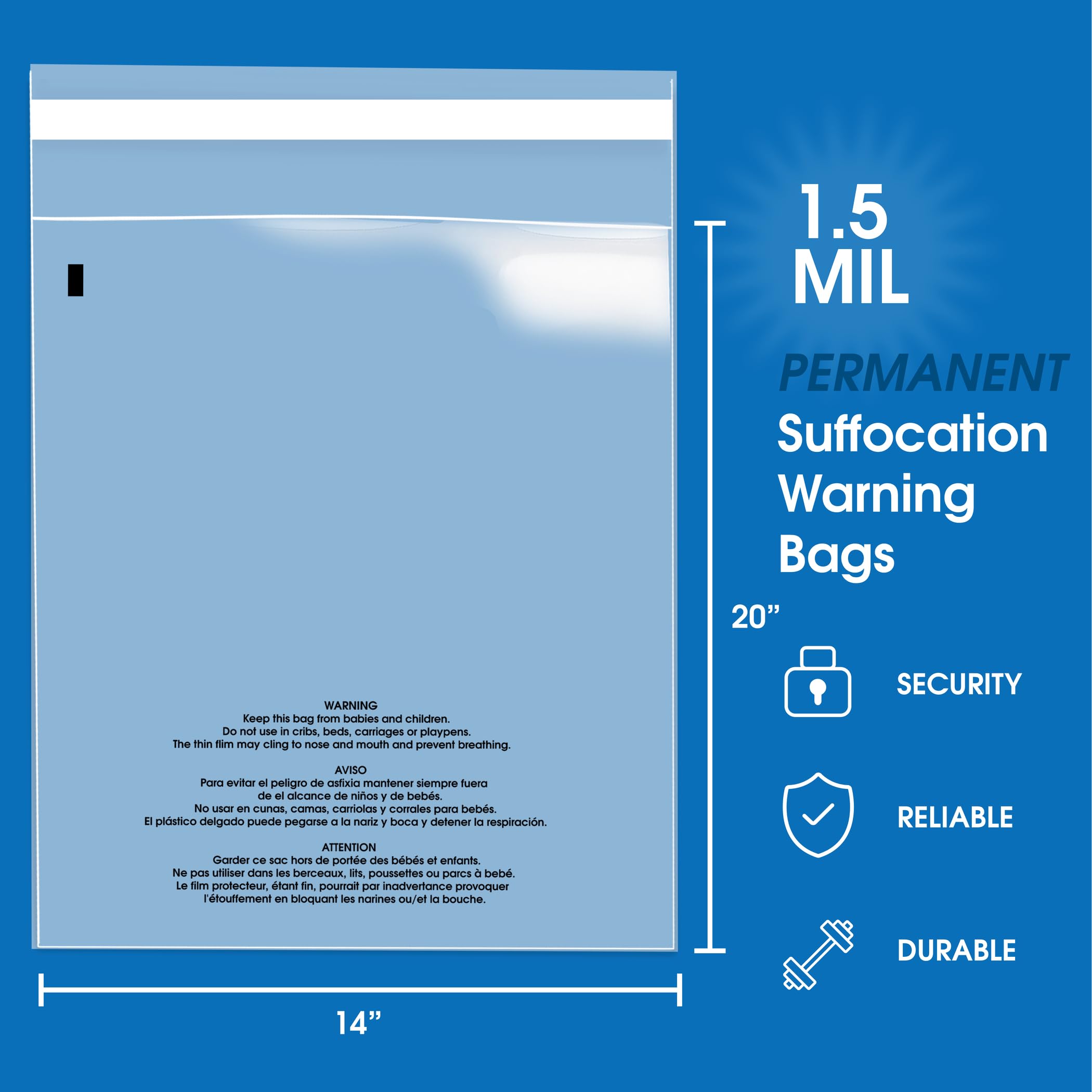 Spartan Industrial - 14" X 20" (500 Count) Self Seal Clear Poly Bags with Suffocation Warning for Packaging, Clothes - Permanent Adhesive