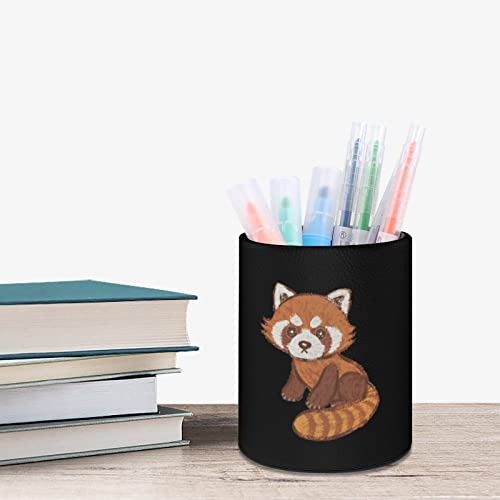 Cartoon Red Panda Pen Holder PU Leather Pencil Cup Cute Desk Organizer Makeup Brush Box for Home Office