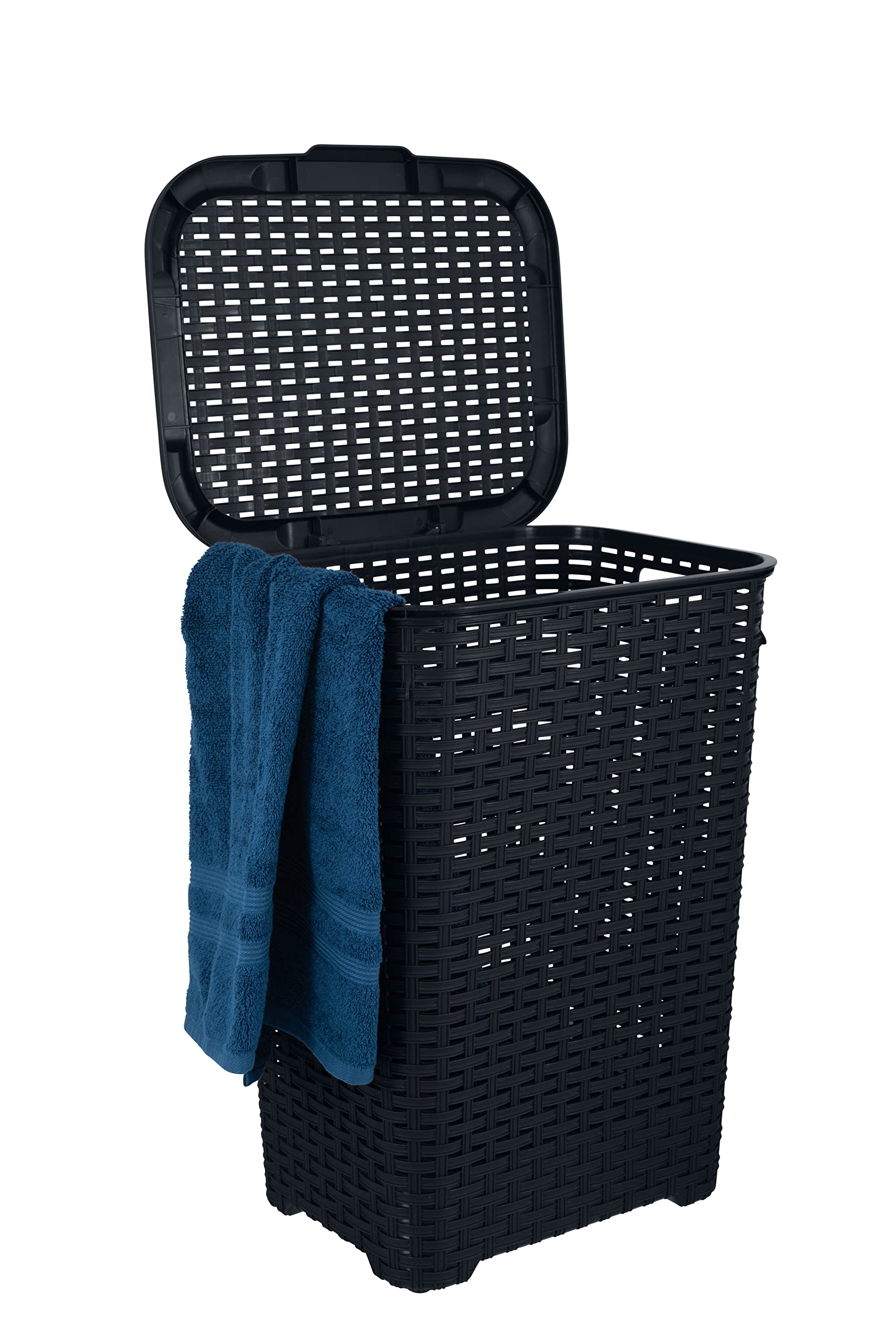 Laundry Hamper Basket With Lid 60 Liter - Deluxe Wicker Style White Color - 1.70 Bushel Bin With Cutout Handles To Storage Dirty Cloths in Washroom Bathroom, Or Bedroom. By Superio
