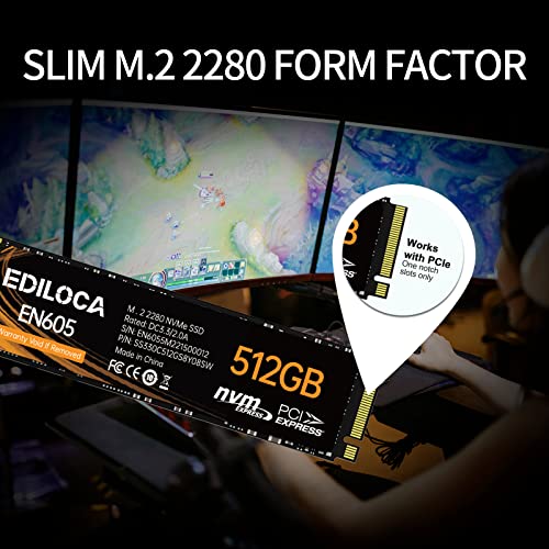 Ediloca 512GB NVMe SSD 3D NAND1.3 PCIe Gen3x4 M.2 2280 Internal Solid State Drive (Read/Write Speed up to 2,150/1,300 MB/s) Compatible with Laptop & Desktop