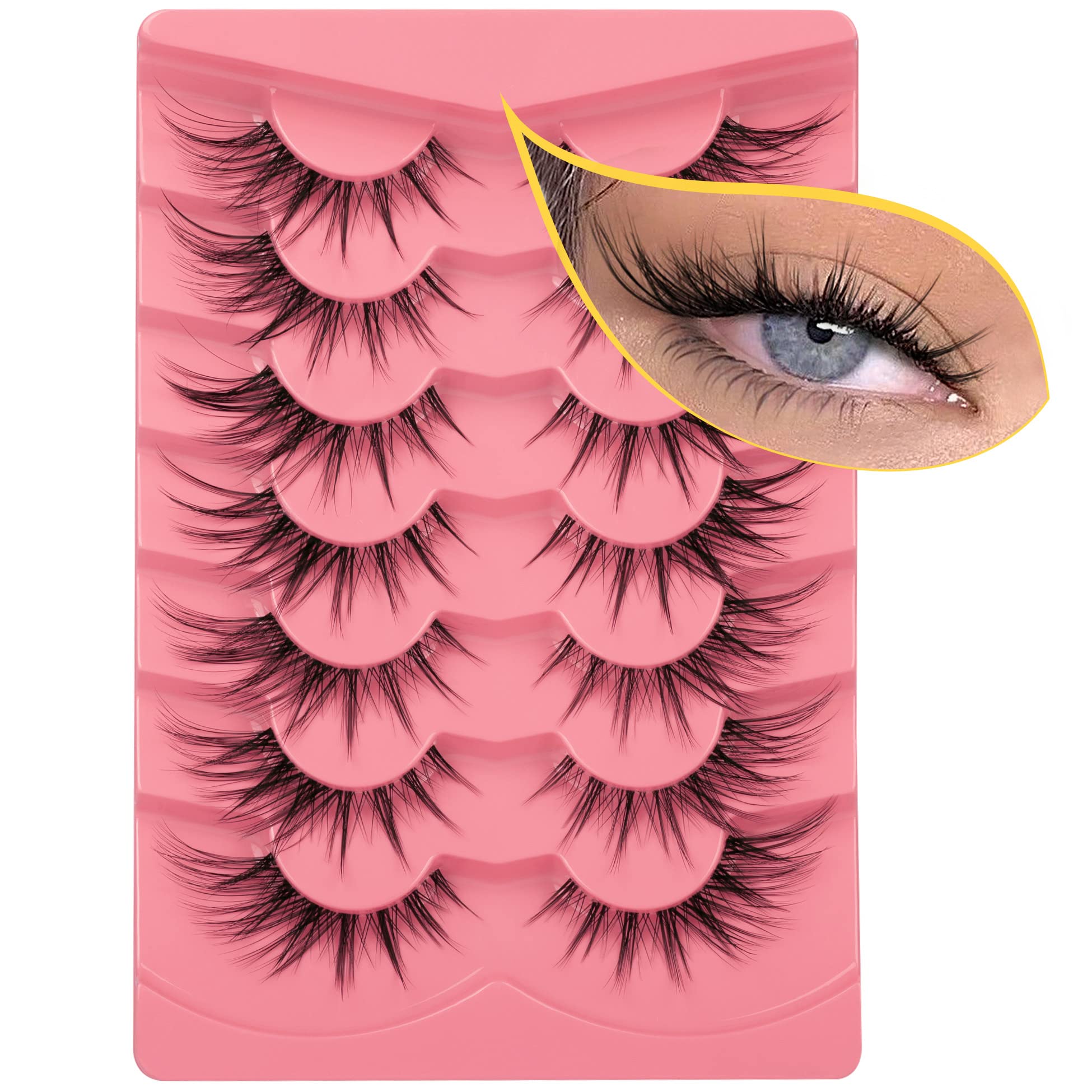 Fox Eye Lashes Natural Look Spiky False Eyelashes Manga Cat Eye Lashes Clear Band Anime Cosplay Fake Lashes Pack 7 Pairs