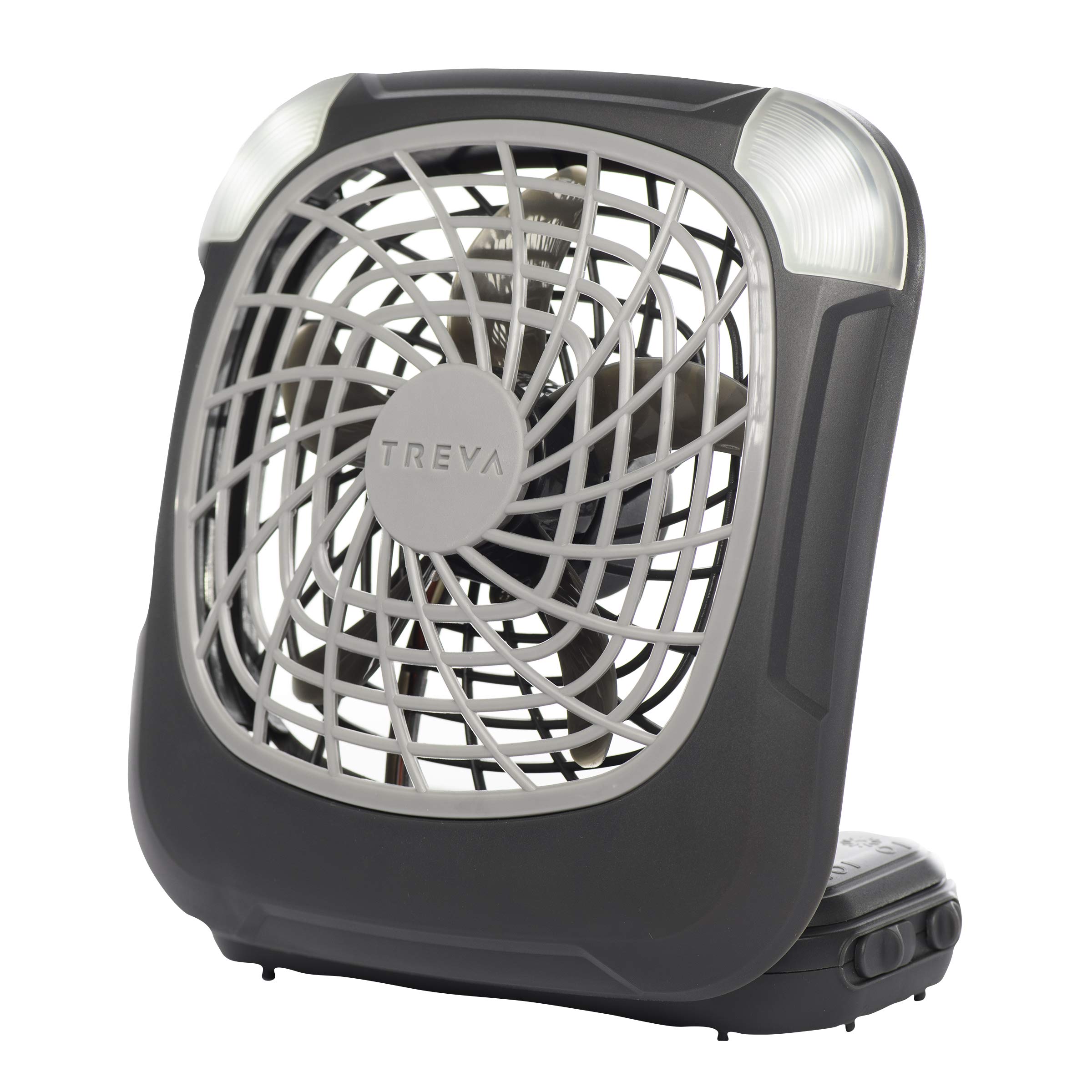 Treva 5 Inch Battery Powered Fan With LED Lights, Portable Desk Fan with 2 Cooling Speeds, Folding & Tilt Design Small Cubicle Accessories (Grey)