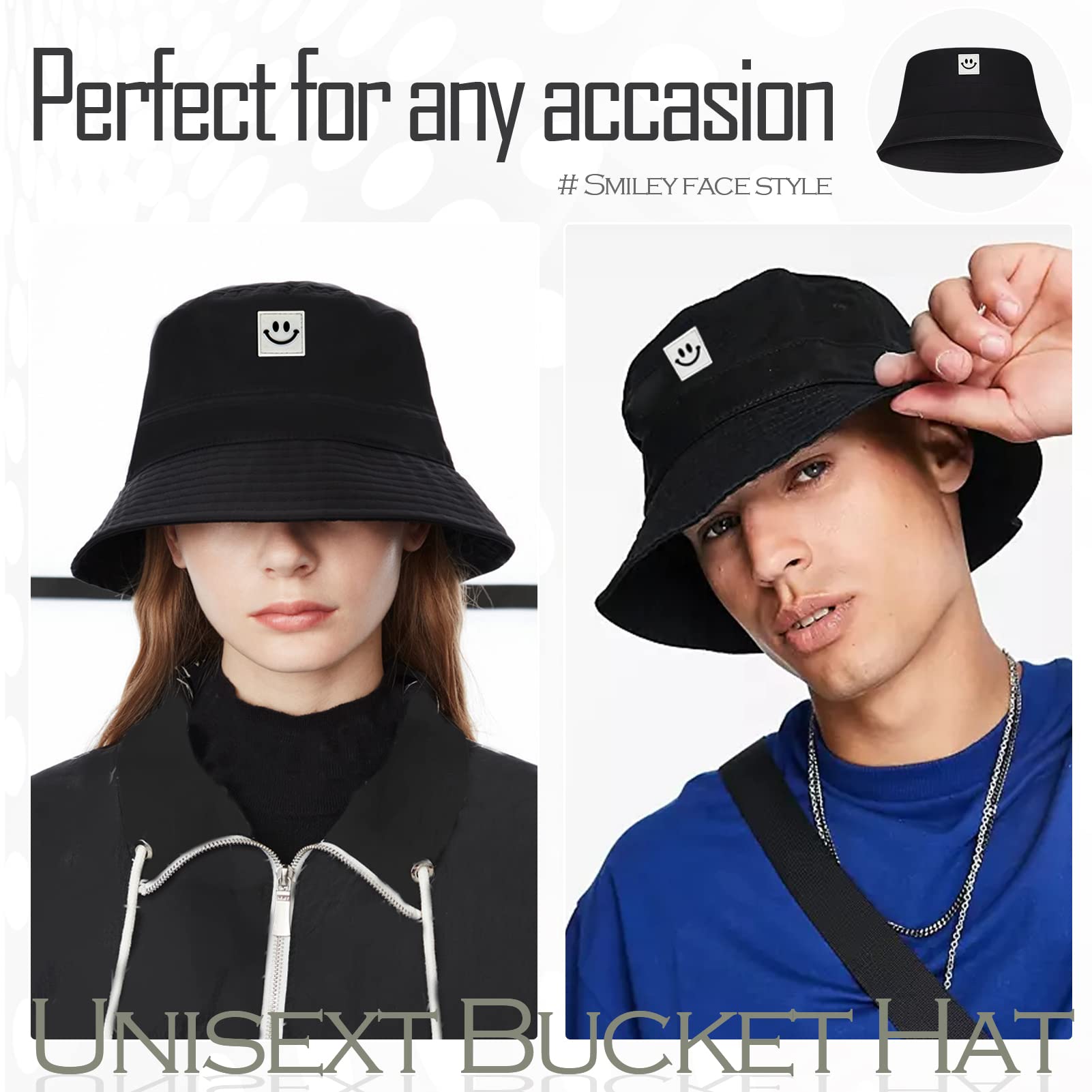 DeDary Unisex 100% Cotton Smiley Face Bucket Hats with Strings, Aesthetic Summer Travel Beach Sun Hat for Women, Packable Cute Visor Outdoor Cap for Men - 2pack White/Black Smiley face