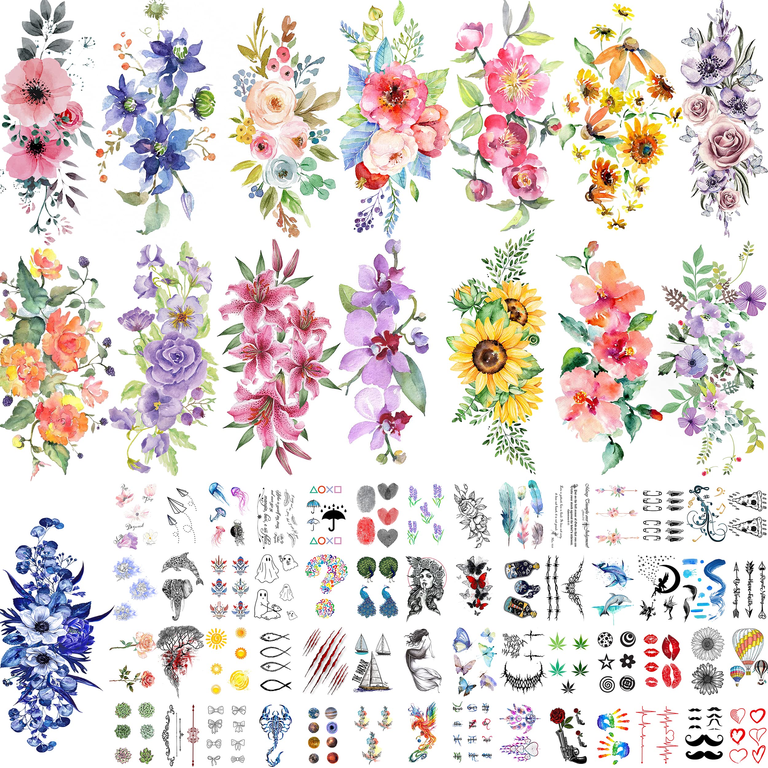 Quichic 180 Designs Big and Lasting Temporary Tattoo Watercolor Flowers Roses Peony Multiple Color Mixing Arm Neck Face Temporary Tattoos for Women