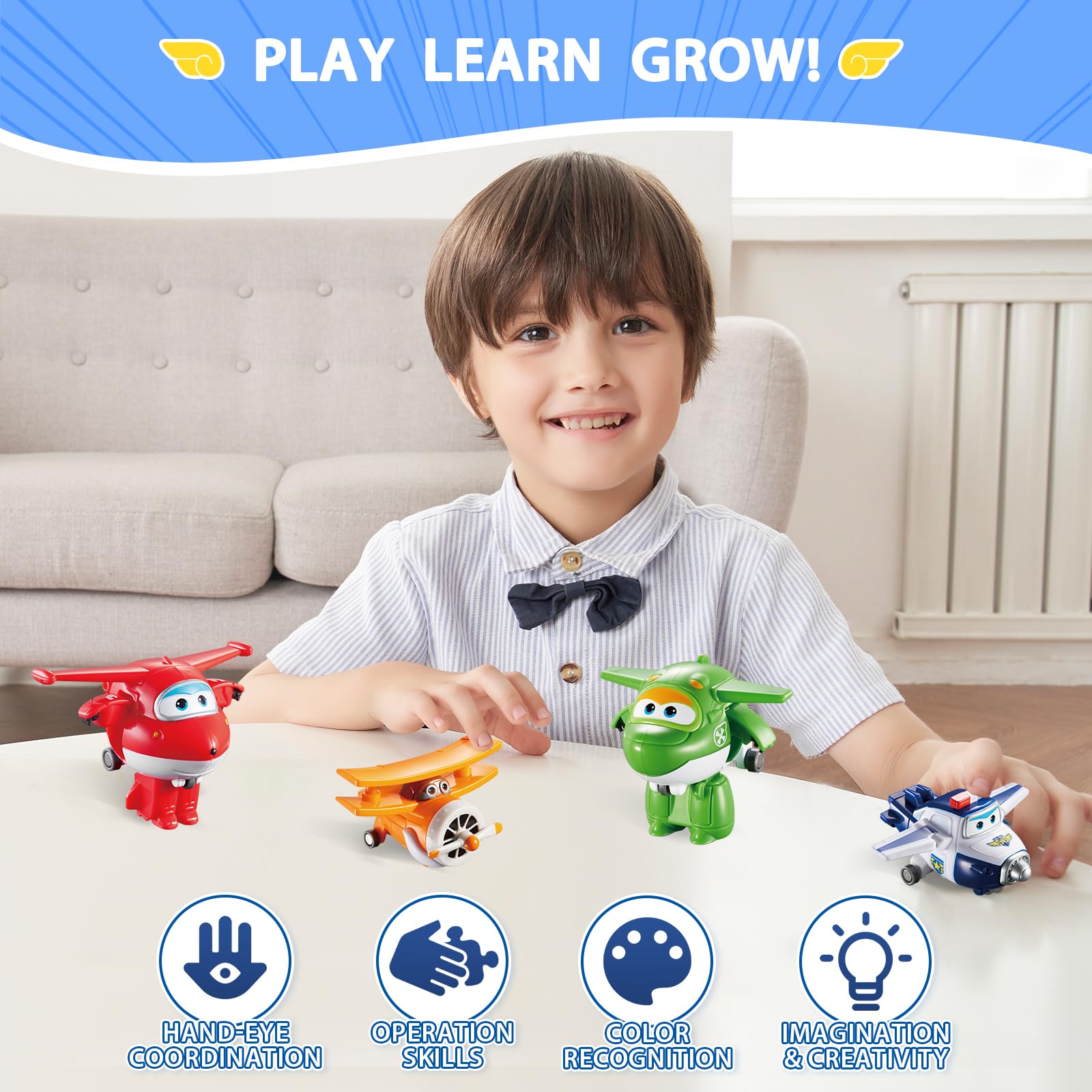 Super Wings 2" Transform-A-Robots 4 Pack Jett, Paul, Mira, and Grand Albert, Airplane Toys Mini Action Figures, Transformer Toys for 3+ Years Old Boys and Grils
