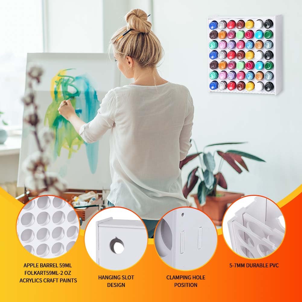 Tifflake Vertical Craft Paint Storage Organizer: 2 Pack 49 Holes Paint Rack Stand Wall Mounted Paint Holder Box - 2oz Paint Bottle Organizer for Art Painting Supplies