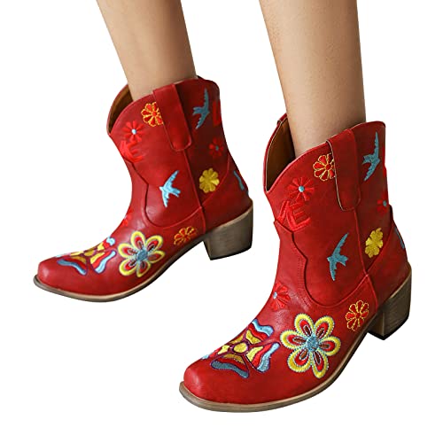 FASDNENDYS Womens Casual Stylish Ankle Boots Comfortable Shoes for Adults Summer Womens Chunky Heel Boots Red