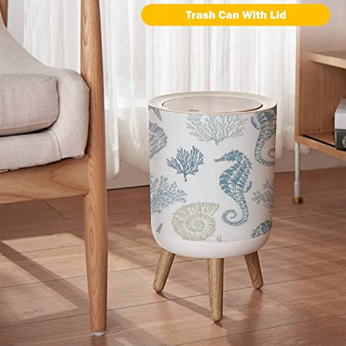 Small Trash Can with Lid Marine hand drawn sea shells stars seahorse coral Highly detailed Round Garbage Can Press Cover Wastebasket Wood Waste Bin for Bathroom Kitchen Office 7L/1.8 Gallon
