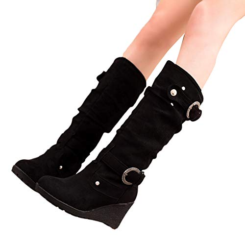FASDNENDYS Womens Mid Knee High Boots Women's Winter Flat Shoe Round Toe Thicken Wedges Half Foot Insole Black