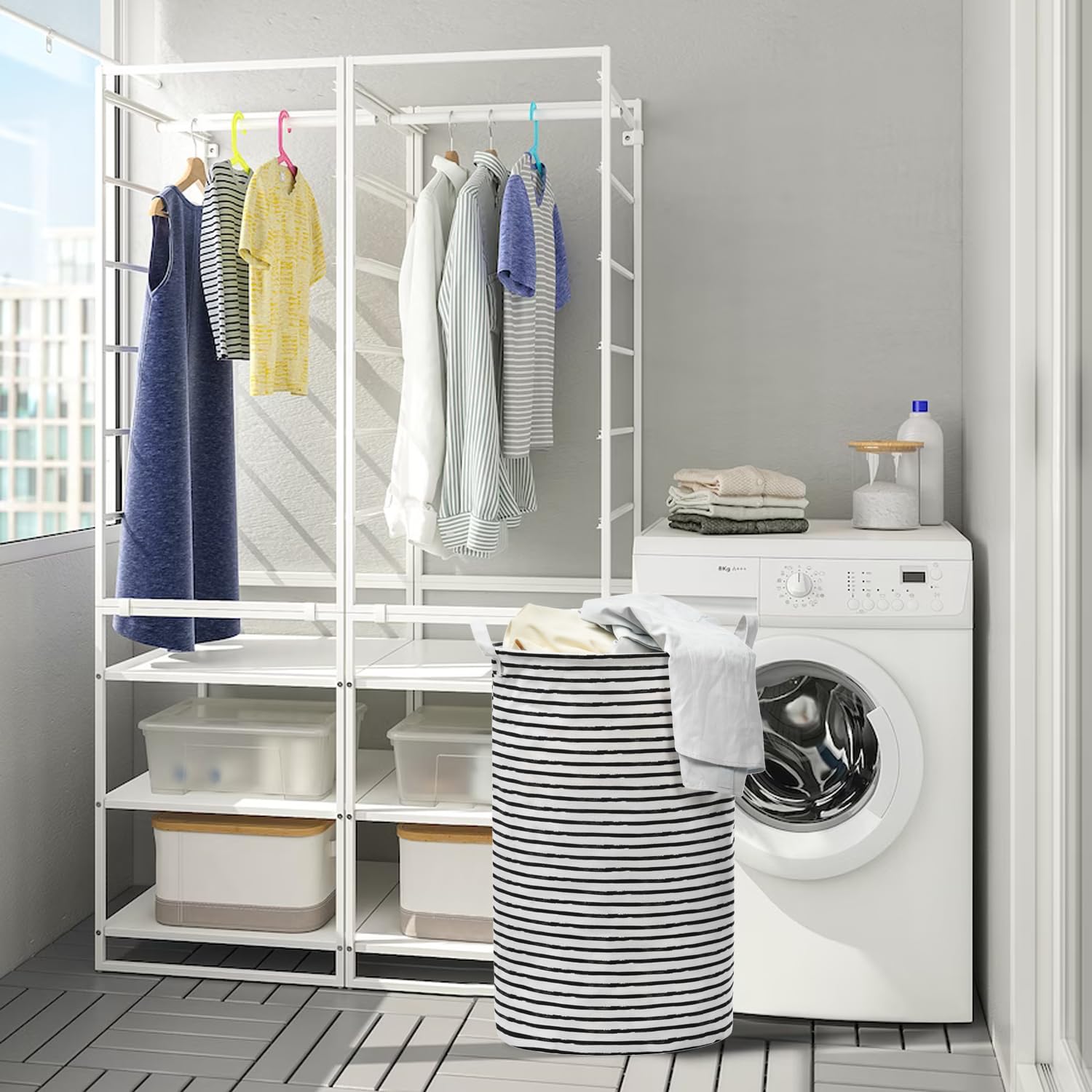 Haundry Thickened Tall Laundry Basket with Handle, Large Collapsible Round Laundry Hamper Bin Laundry Bag for Clothes Storage (Grey Stripe)