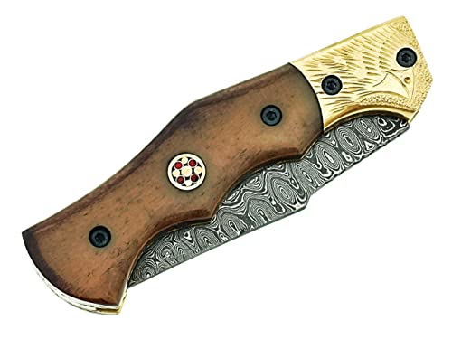 Damascus Steel Blade Folding Pocket Hunting Knife Real Leather Sheath For Camping Fishing Outdoor EDC SM91