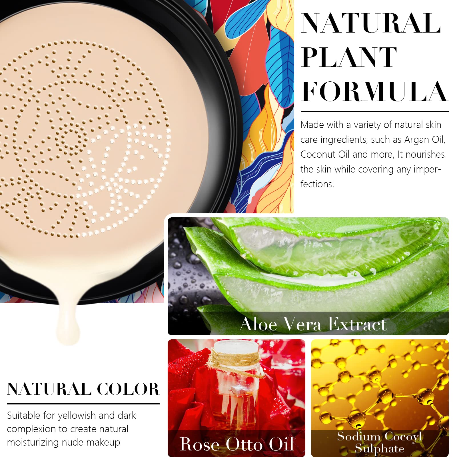 FRDUGA Air Cushion CC Cream，BB Cream Foundation，Mushroom Head Air Cushion CC Cream, Moisturizing Concealer, Makeup Long Lasting Matte,Easy to Apply (Natural)