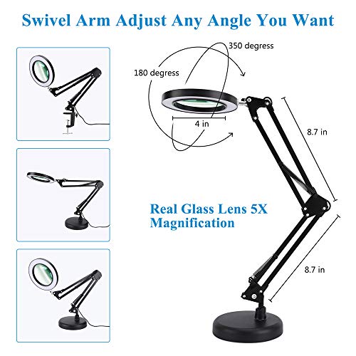 Magnifying Glass with Light, Magnifying Glass LED Desk Lamp-3 Colors Illuminated,9 Levels Dimmable,Foldable Metal Arms and Adjustable Clamp,5X Magnifying Light for Office/Work/Study (Black)