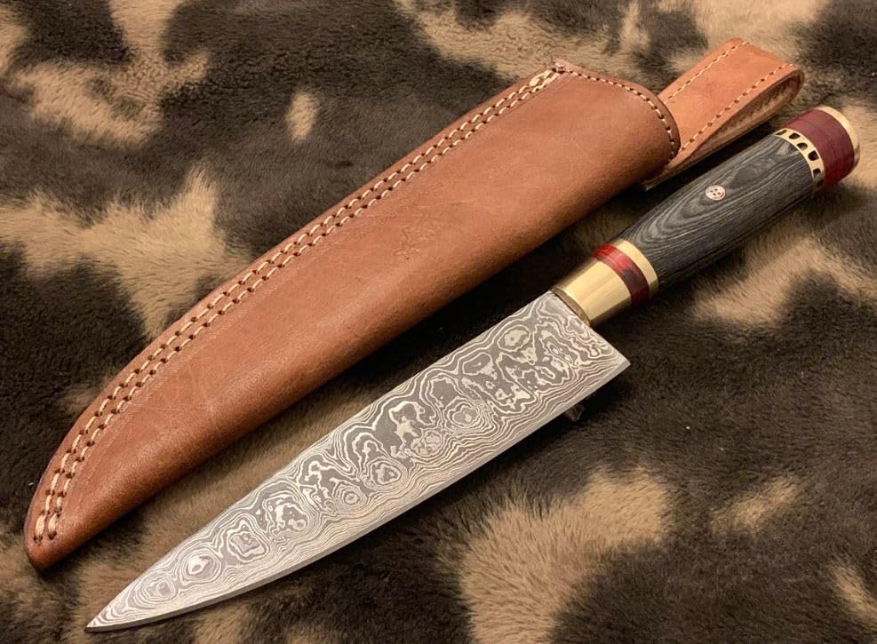 Chef Knife Flat Handle Damascus Steel Blade 12Inc Black Exotic wood scale