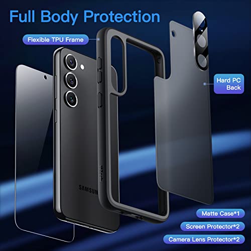 JETech 5 in 1 Matte Case for Samsung Galaxy S23+/ S23 Plus 6.6-Inch with 2 Screen Protector and 2 Camera Lens Protector, Translucent Back Protective Phone Cover, Tempered Glass Film (Black)