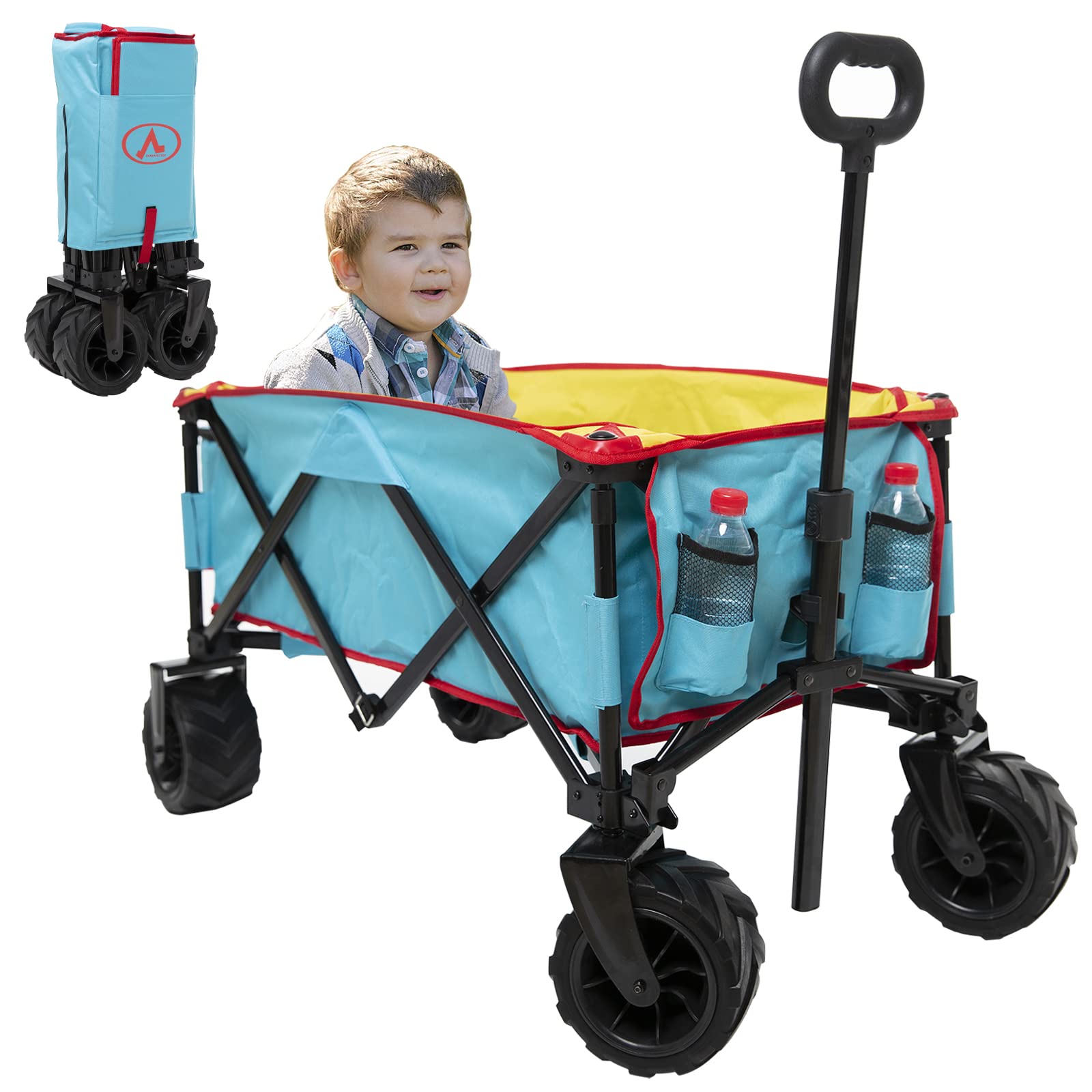 CharaVector Folding Wagon Cart,Beach Wagon with Big Wheels for Sand, Cooler Bag, Cup Holders and Side Bag, Collapsible Beach Wagon for Shopping, Camping, Garden