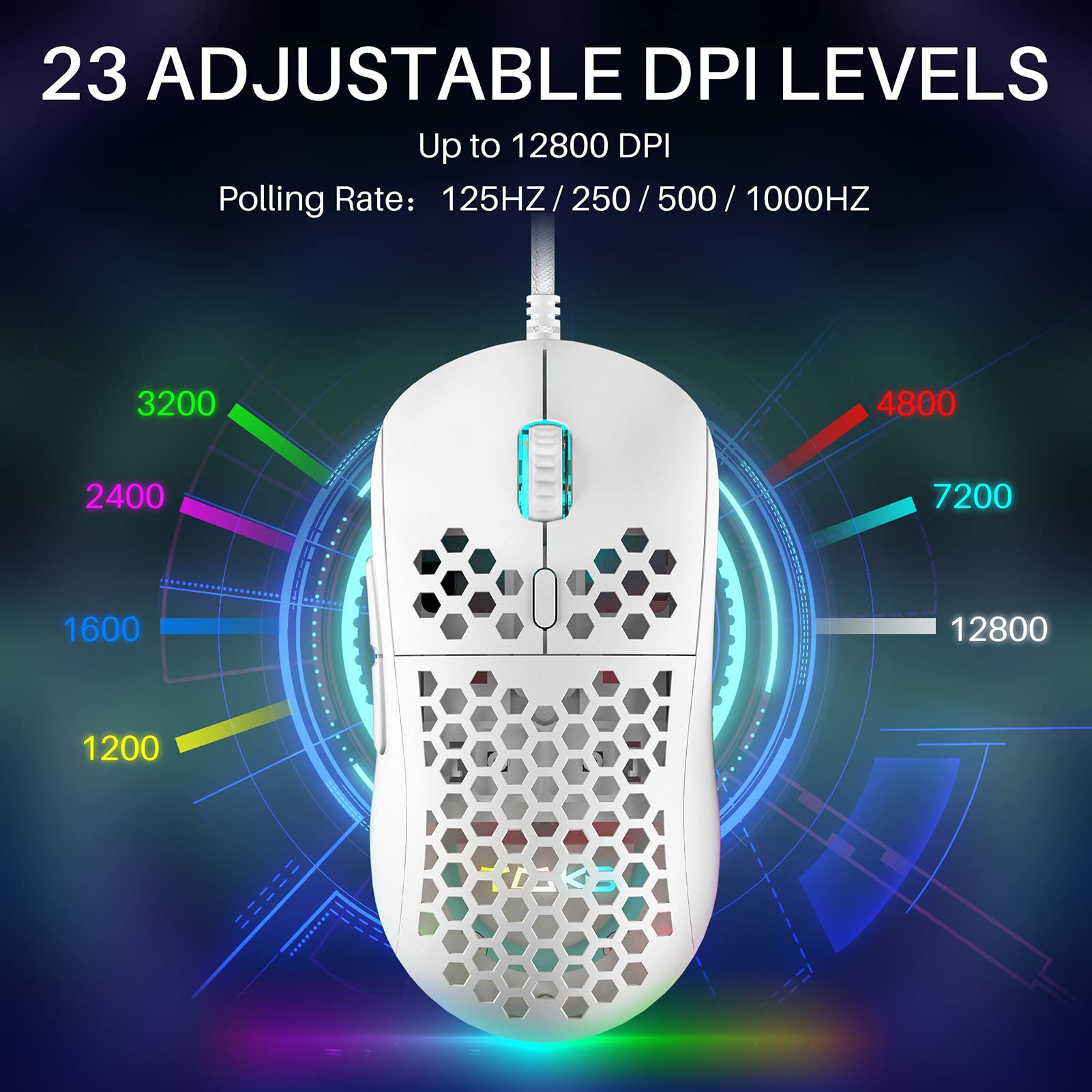 DIERYA Falcon Honeycomb Wired Gaming Mouse, RGB Backlight and 16000 Adjustable DPI, 7 Programmable Buttons, Ultra-Lightweight Ergonomic USB Computer Mouse for Windows PC Gamers (White)