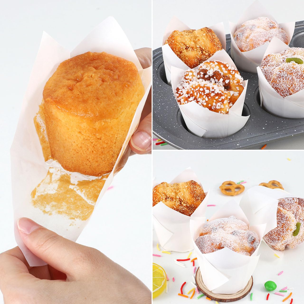 Gifbera 200pcs Natural Tulip Cupcake Liners Paper Baking Cups with Unbleached Parchment Paper, Medium Tulip Muffin Liners Cupcake Wrapper for Party, Wedding, Christmas, Birthday