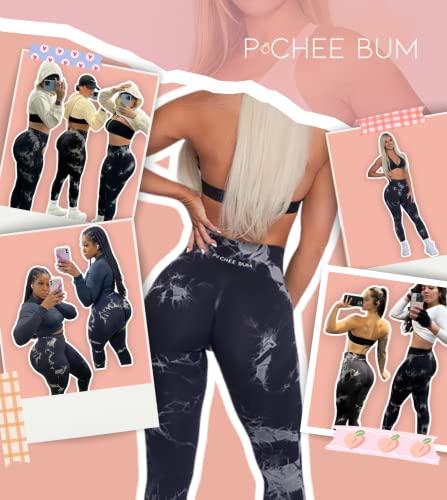 Pchee Bum Marble Workout Scrunch Butt Leggings for Women - High Waisted, Squat Proof, Seamless Lifting Compression, TikTok Yoga Pants, Workout Leggings with Tummy Control (Medium, Black Lightning)