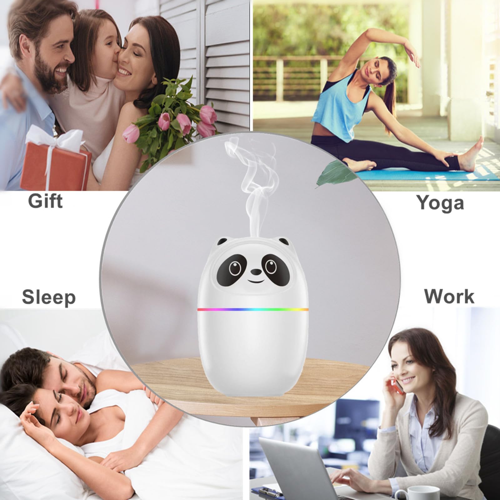 Noiseless Air Mini Humidifier, Personal Desk Humidifier Small 220ml, Cute Panda,7 Color Night Light, Auto Shut Off, Cool Mist, Easy Clean,for Plants Travel Office Bedroom Plants