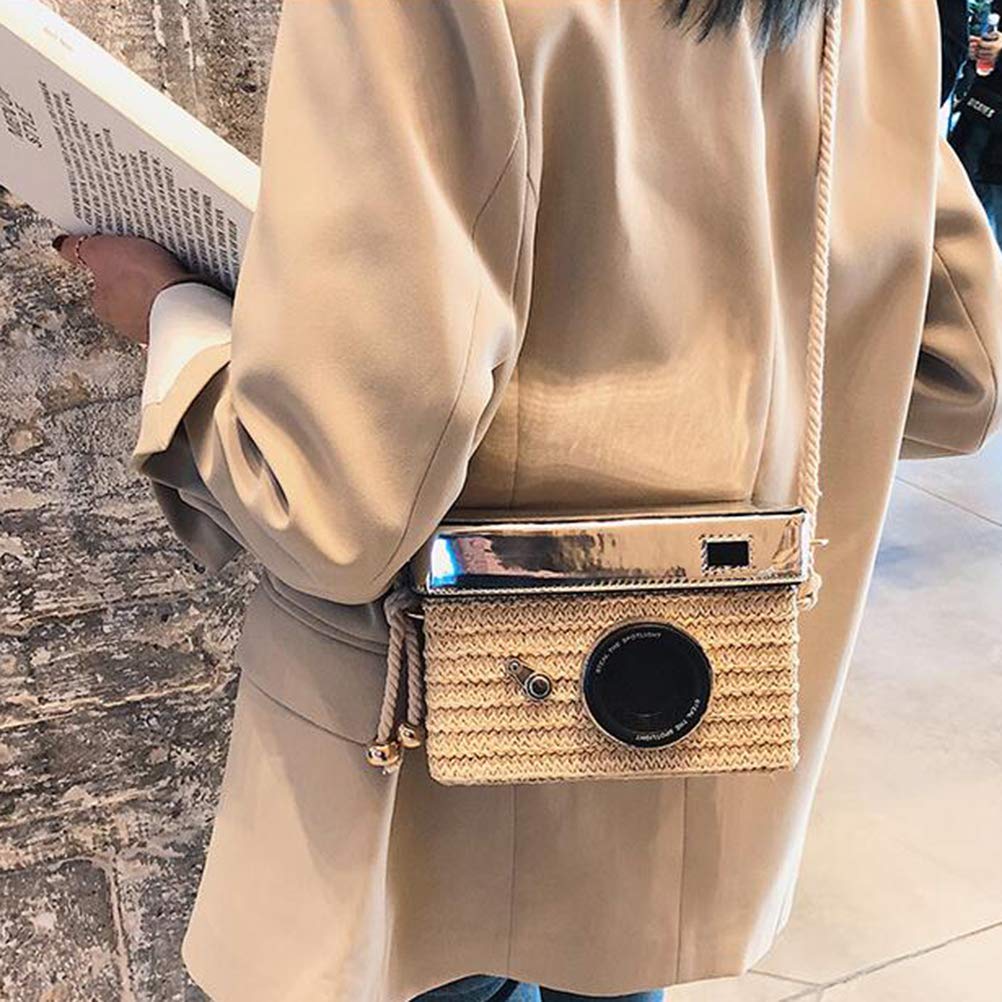 TENDYCOCO Crossbody Bag Camera Shaped Straw Woven Bag Mini Shoulder Bag for Women (Khaki)