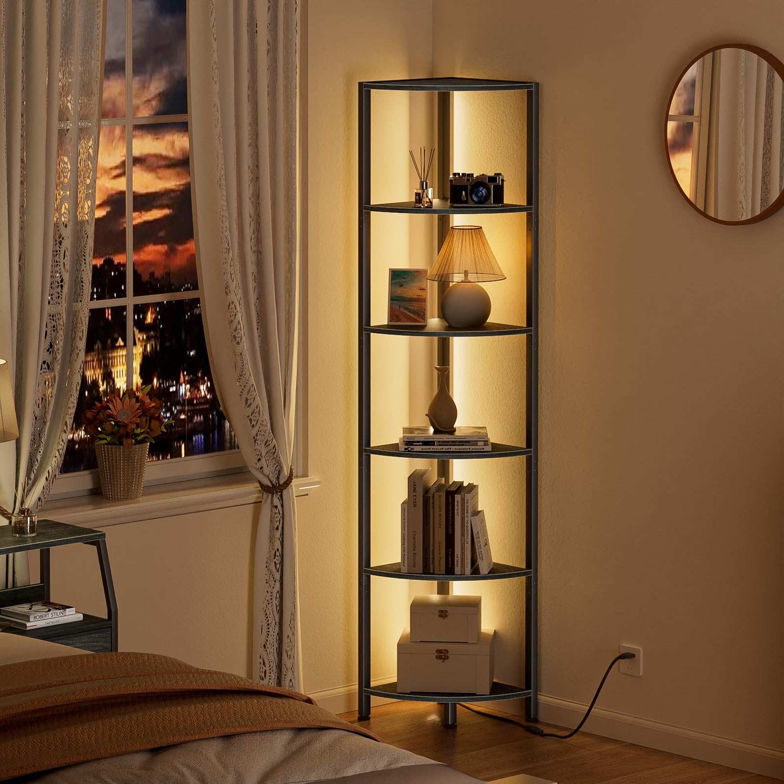 Furnulem 6 Tier Corner Shelf with LED Light, 67.5β Tall Standing Shelf Organizer, Black Narrow Bookshelf with Storage Rack for Wall Corner, Living Room, Bedroom, Metal Frame, Wood Display Shelf