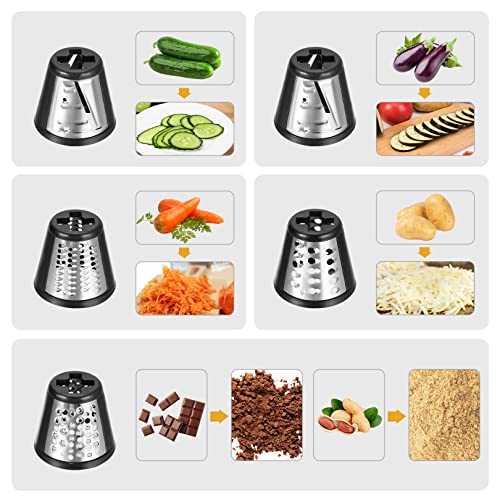 Electric Cheese Grater, 250W Professional Electric Slicer Shredder for Home Use, Electric Salad Maker Machine with One-Touch Control, 5 Free Attachments for Cutting Fruits, Cheeses, Veggies (Upgraded)