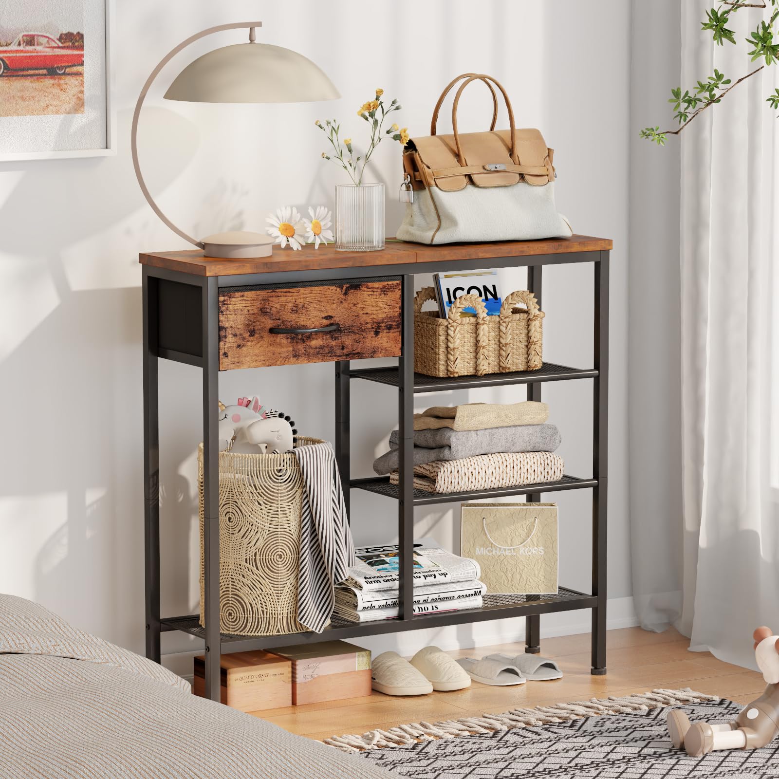 Furnulem Entryway Table Industrial 31.5" Sofa Console Table with Metal Mesh Shelf,Storage Fabric Drawer 4-Tier Shoe Rack Side Table for Front Door,Foyer-Wooden Top and Sturdy Steel Frame,Rustic Brown