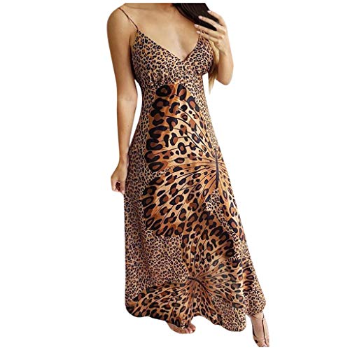 Deep V Neck Sling Dress Leopard Print Butterfly Pattern Maxi Dress Spaghetti Straps Sleeveless Dress Khaki