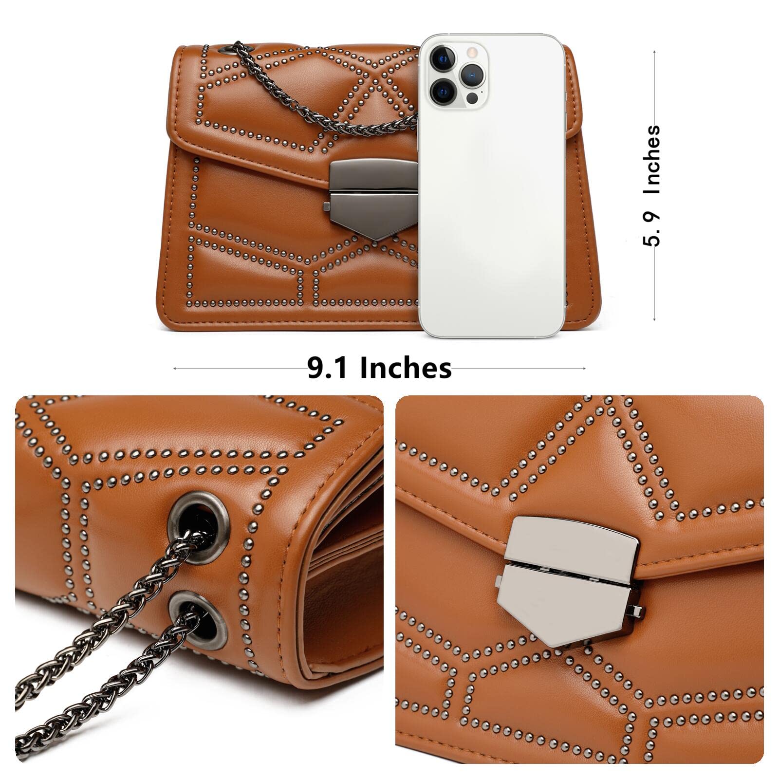 TAGDOT Rivets Chain Small Shoulder Crossbody Messenger Bags for Women Purse and Handbags (Brown)