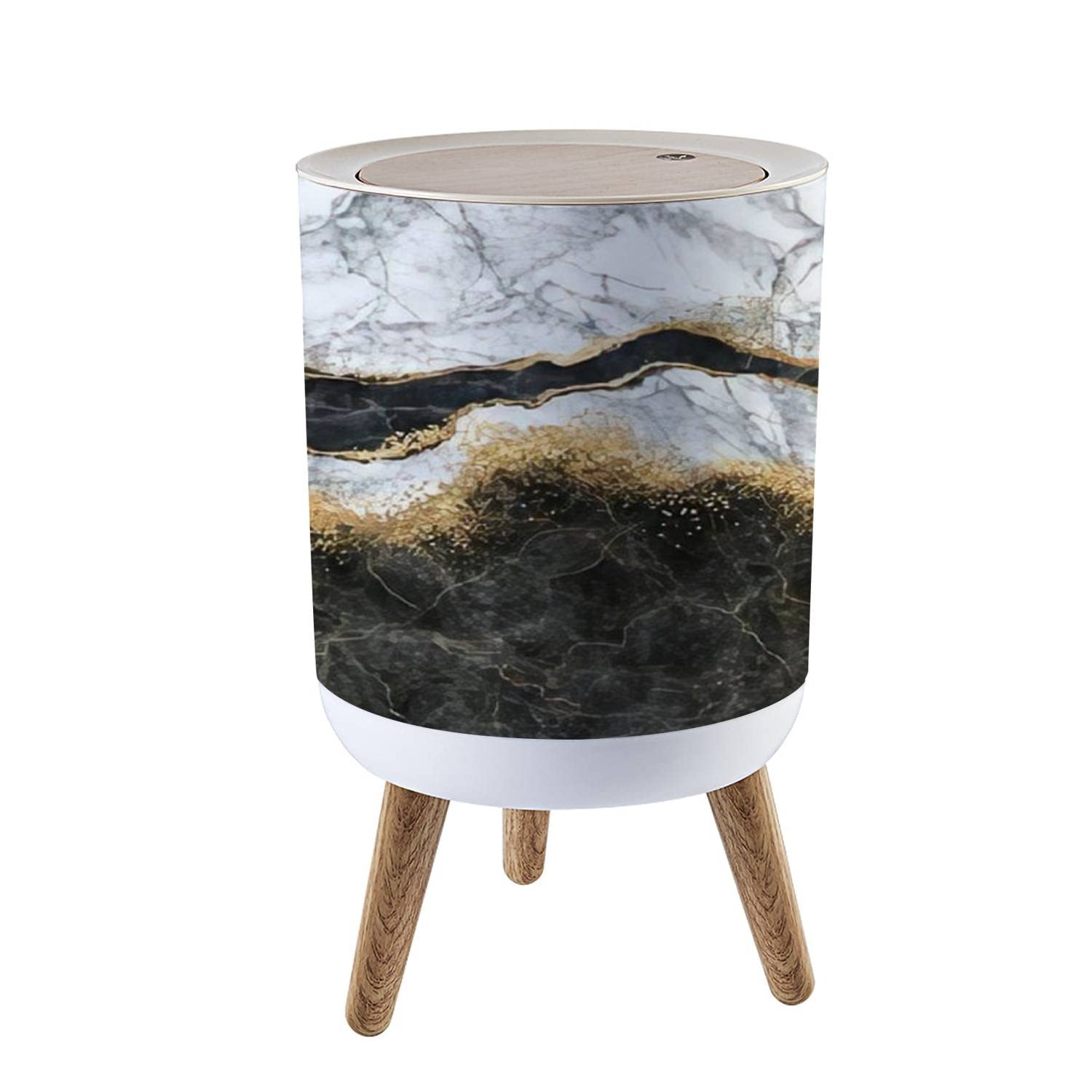 IBPNKFAZ89 Abstract marbling Black and White Marble with Golden Veins Fake Trash Can with Lid Small Garbage Bin Wood Waste Bin Press Cover Round Wastebasket for Bathroom Bedroom Kitchen 7L/1.8 Gallon