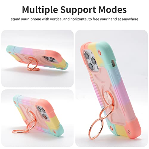 MARKILL Compatible with iPhone 14 Pro Case 6.1 Inch with Built-in Ring Stand, Military Grade Drop Protection Full Body Rugged Heavy Duty Case 3 in 1 Protective Durable Cover. (Rainbow Pink)