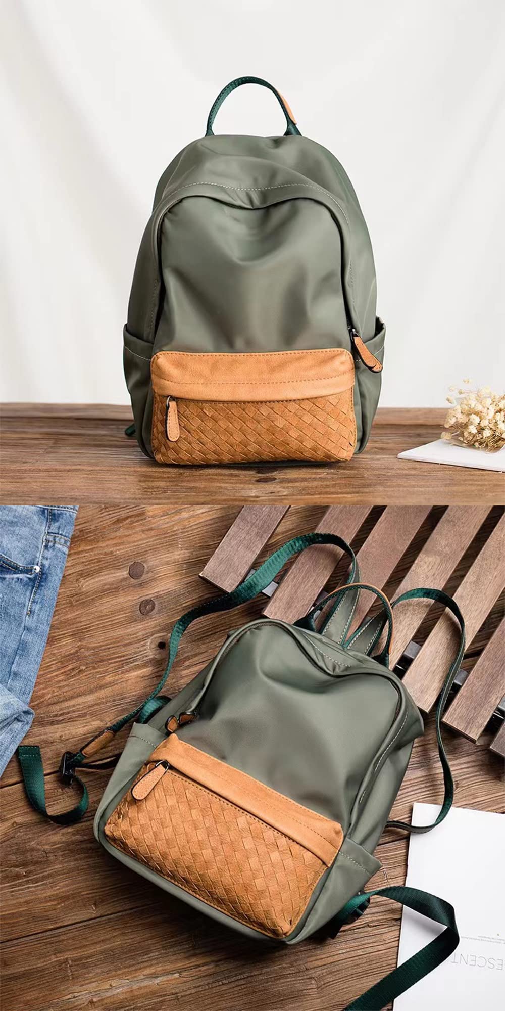 Daiblueland Casual Daypack Backpack For Women Unisex Large Lightweight Travel Rucksack With Leather Pockets(Army Green) (BACK-001)