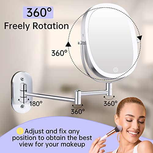 FUNTOUCH Rechargeable Lighted Wall Mounted Makeup Mirror, Double Sided 1X/7X Magnifying Mirror, 3 Lights Option Dimmable, Extension Foldable Arm, Oval Wall Mounted Mirror for Bathroom