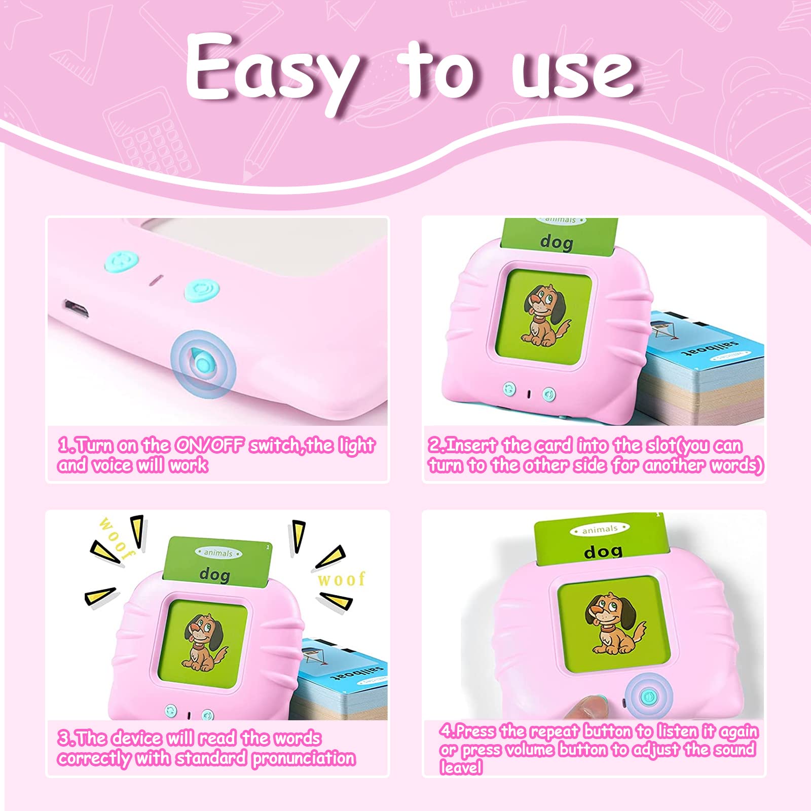 Talking Flash Cards Educational Toys - Talking Flashcards Learning Toys for Toddlers - Montessori Toys Flash Cards for Age 2 3 4 5 6 Pink