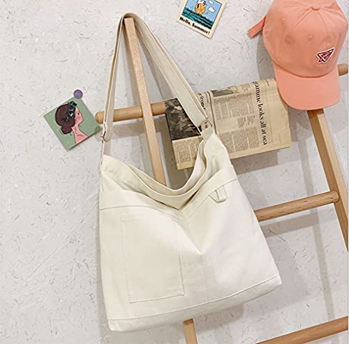 Kehpish Economical Cotton Tote Bag, Reusable Womens Canvas Tote Bag with 3 External Pocket, Top Zipper Closure White